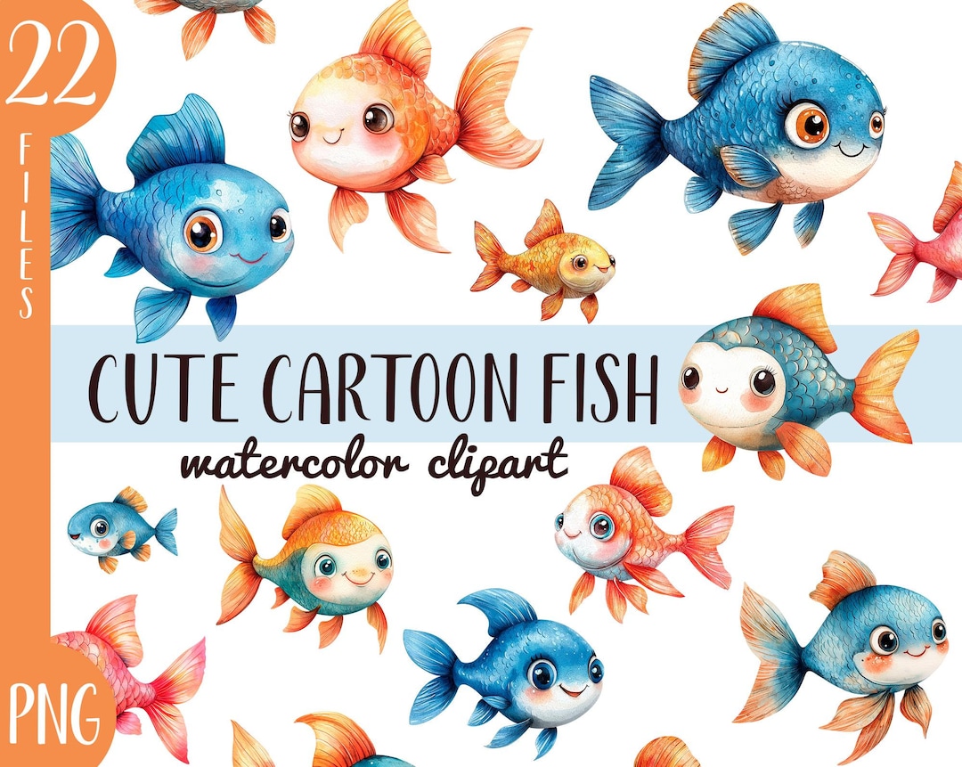 Watercolor Cute Cartoon Fish Clipart - Aquarium Tropical Fish ...