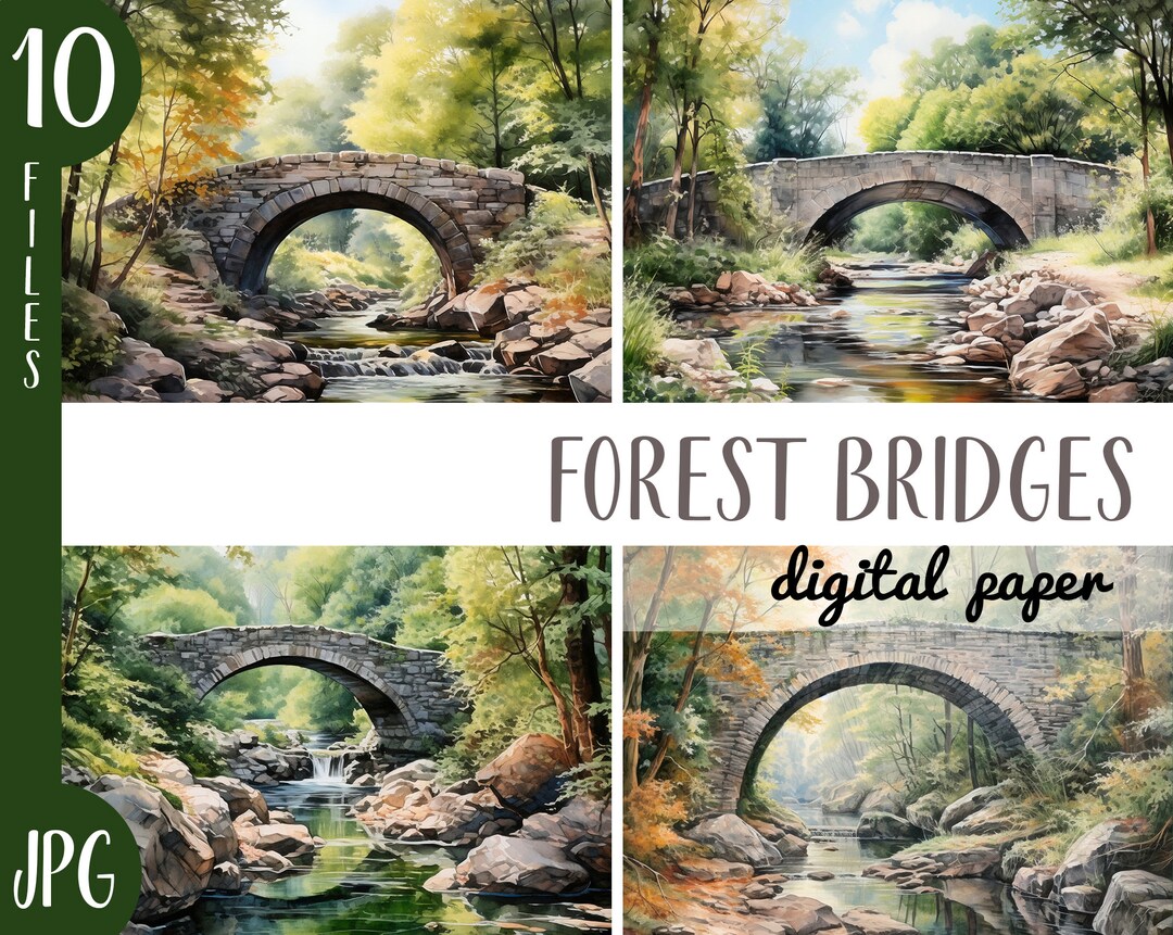 Watercolor Bridges in the Forest Clipart - Stone Bridge Digital Paper ...