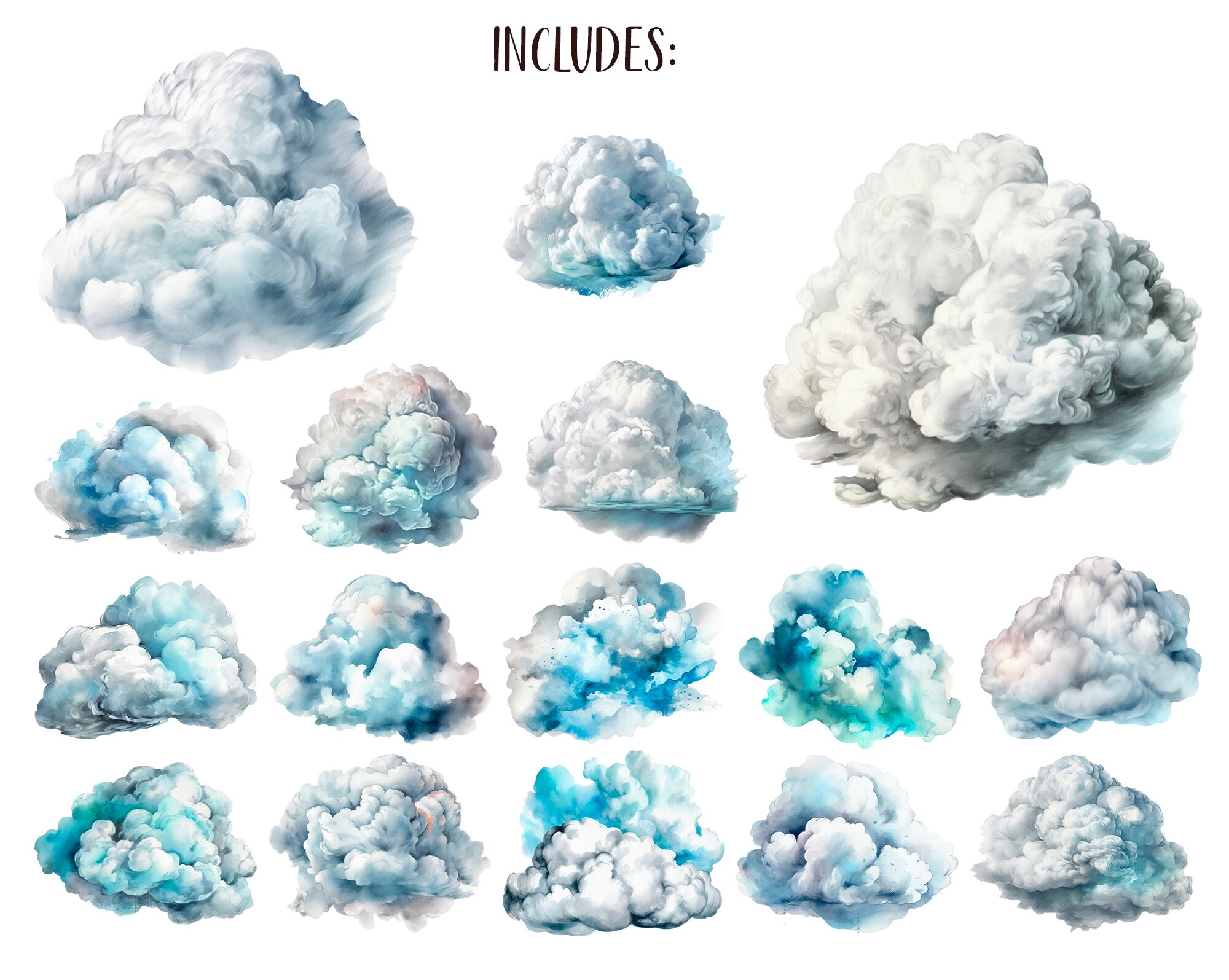 Watercolor Cloud Clipart: Sky Illustrations (PNG, JPG Digital Download ...