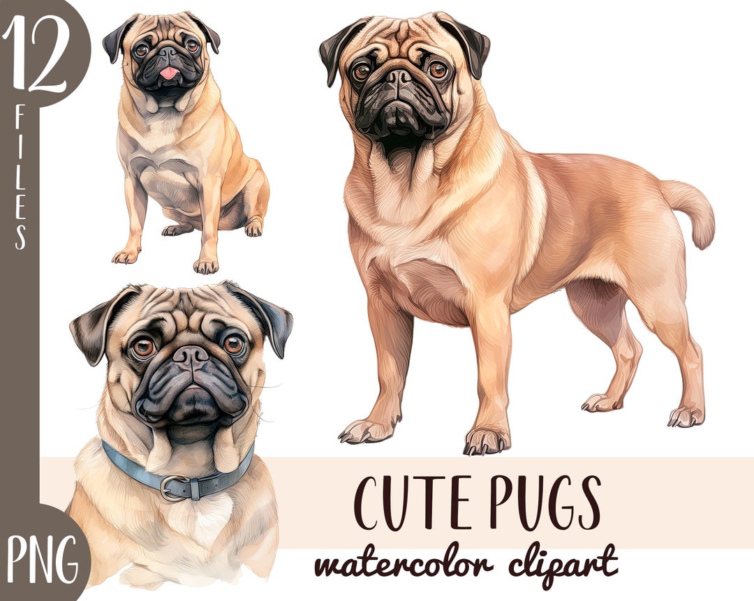 Watercolor Pugs Clipart - Cute Pug Dog Digital Paper - Portrait of a ...