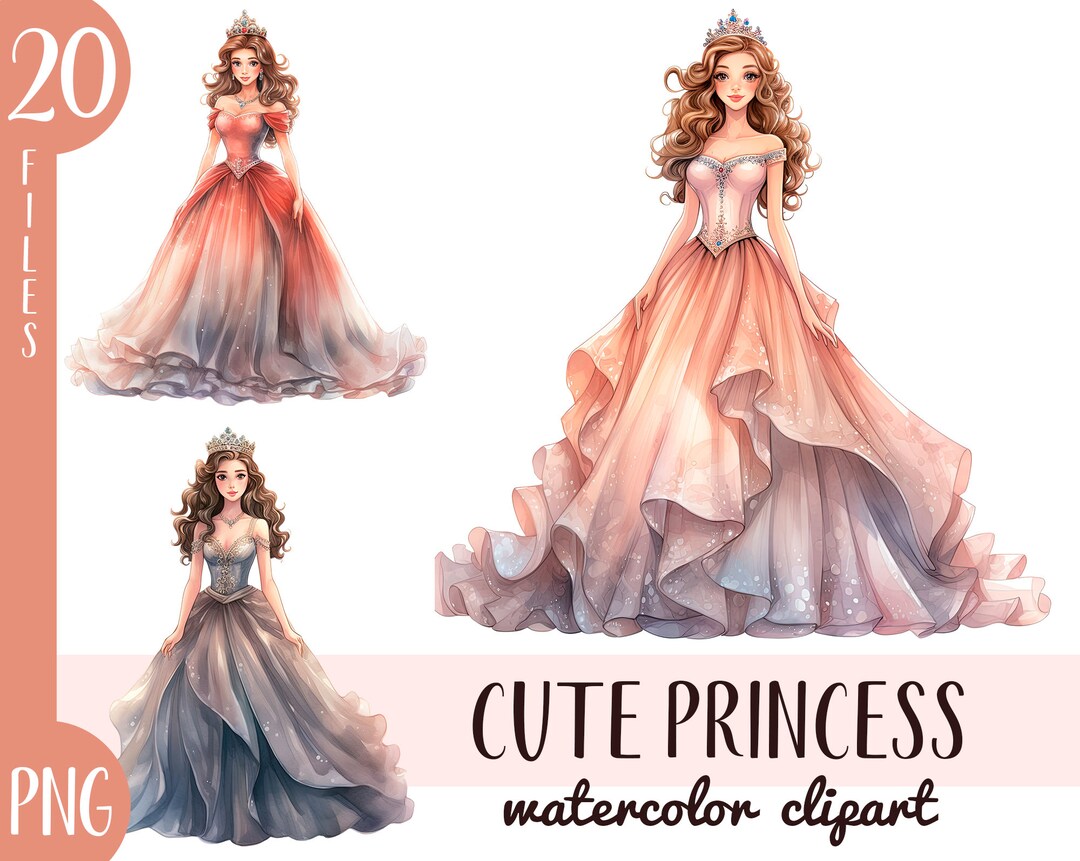 Watercolor Cute Princess Clipart - Cartoon Funny Girls in Dress PNG ...
