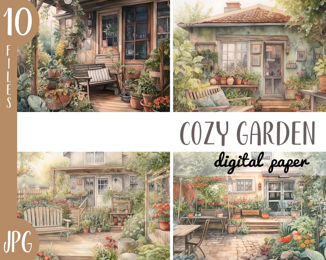 Watercolor Cozy Place in the Garden Clipart - Garden at the House ...