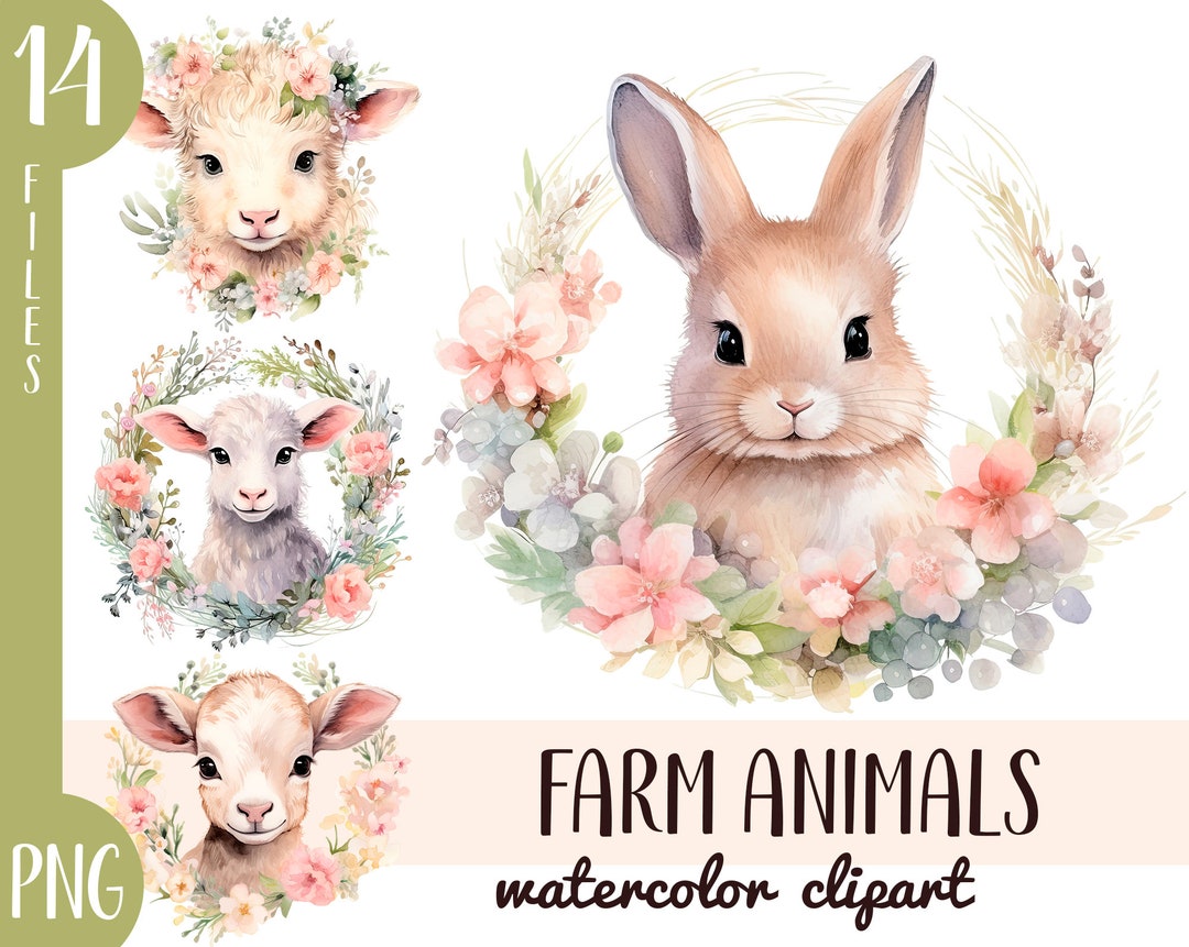 Watercolor Cute Farm Animals in Flower Wreaths Clipart - Pet ...