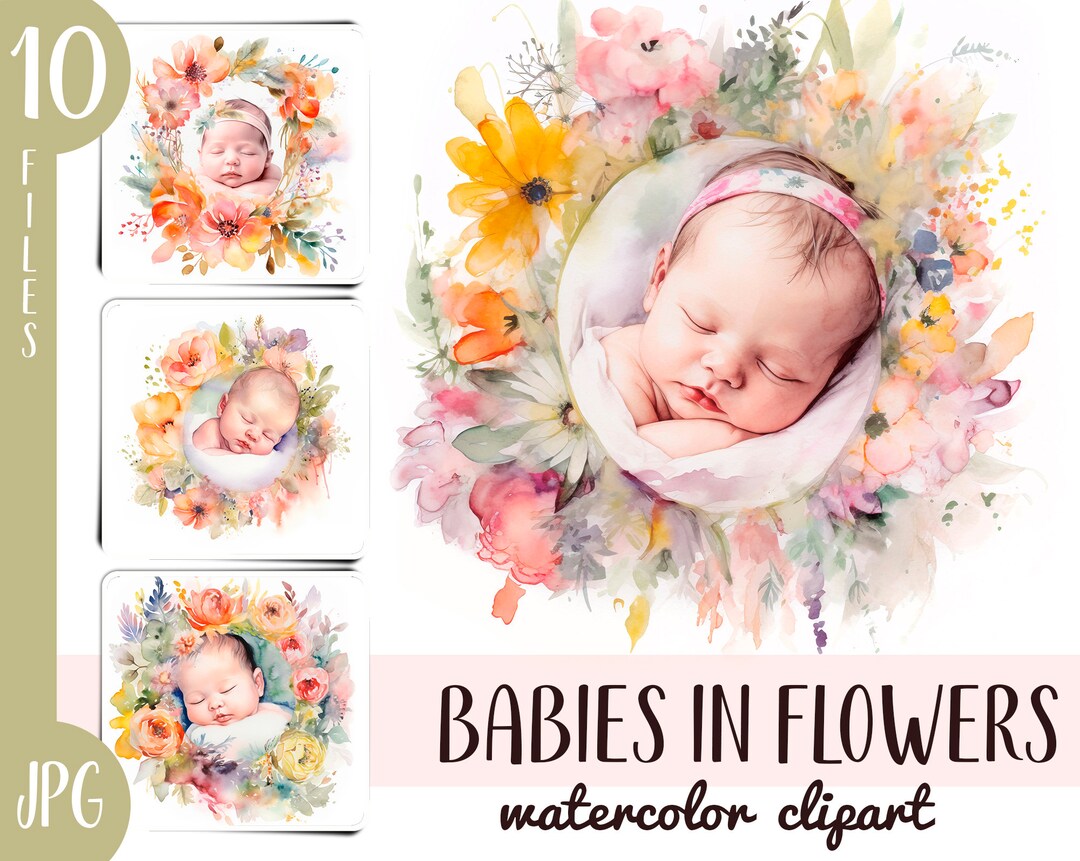 Watercolor Newborns in Flowers Clipart - Baby Floral Graphics - Digital ...
