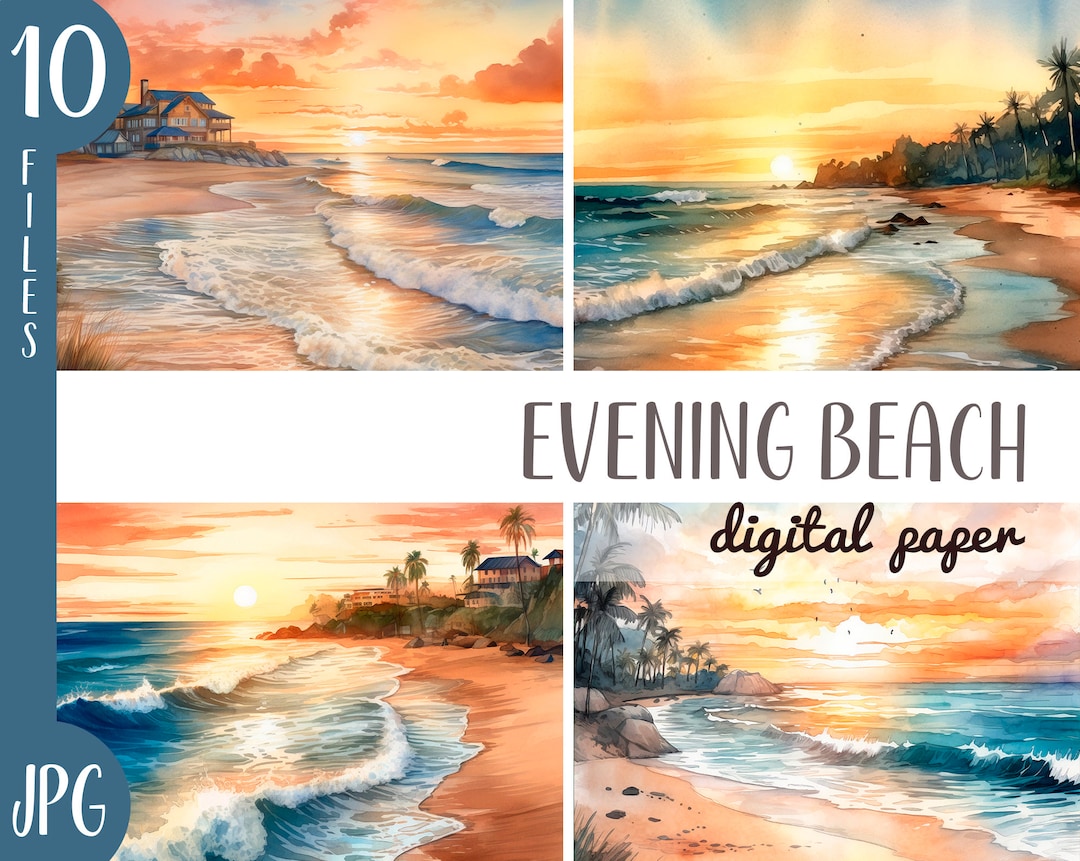 Watercolor Evening Beach Clipart - Sunset by the Sea Digital Paper - by ...
