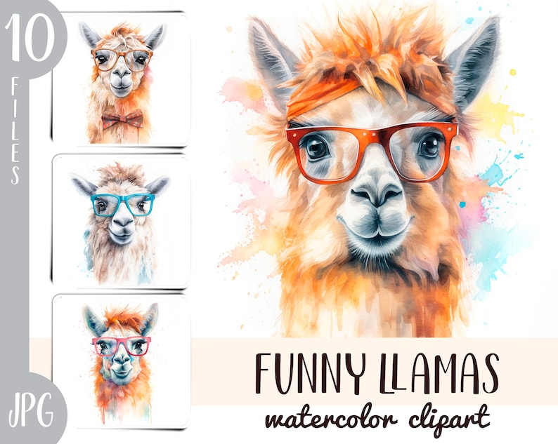 Watercolor Funny Llamas With Glasses Clipart Llama Portrait - Etsy