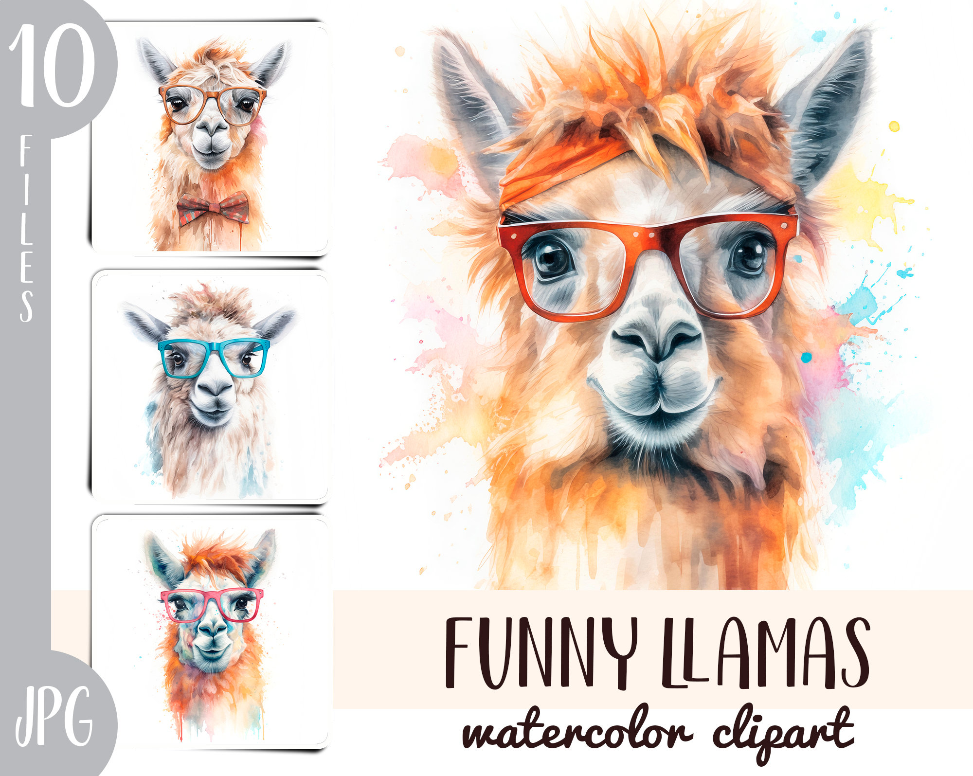 Watercolor Funny Llamas With Glasses Clipart Llama Portrait - Etsy