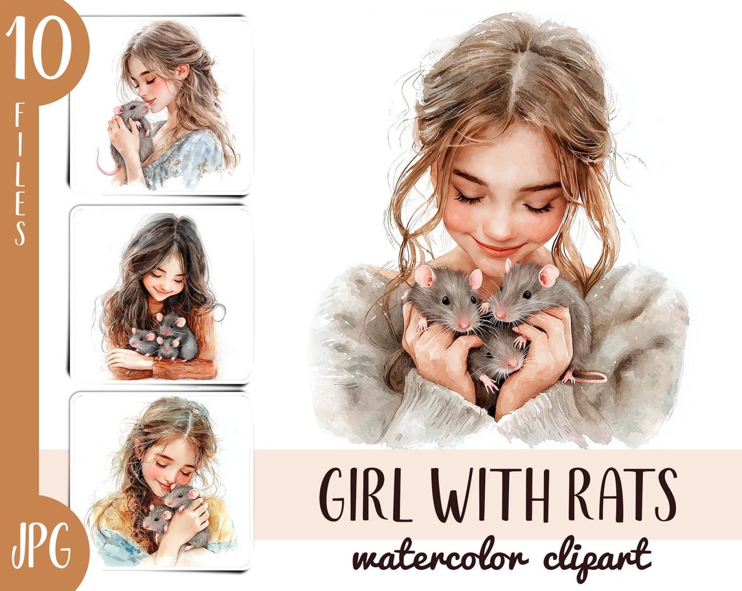 Watercolor Girl With Rat Clipart - Funny Cartoon Mice Graphic-cute ...