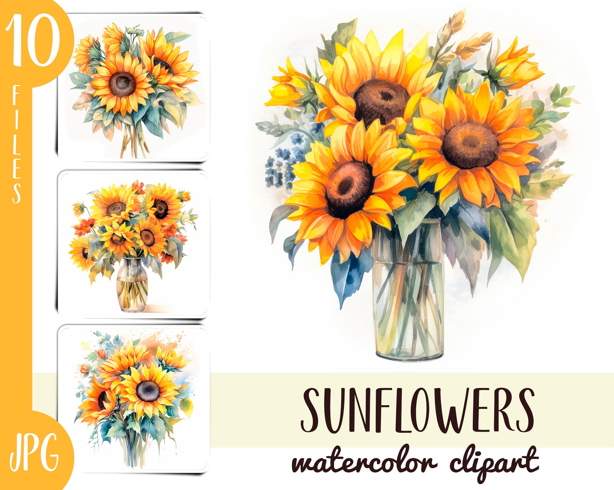 Watercolor Sunflowers Clipart Bouquet of Sunflowers Digital - Etsy