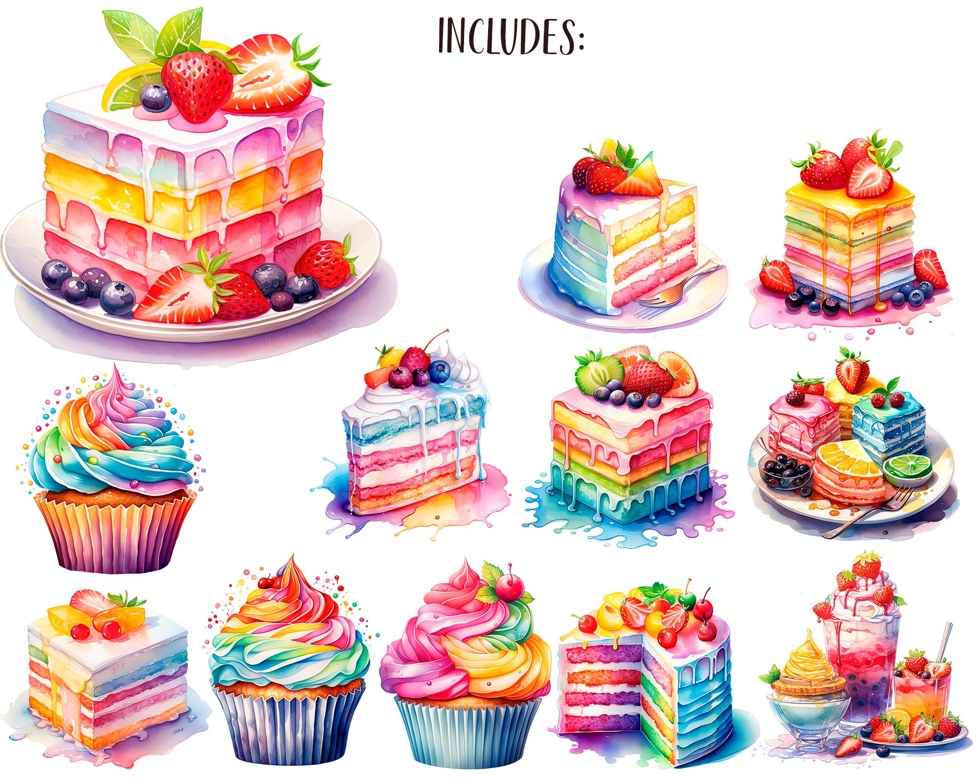 Watercolor Rainbow Sweets Clipart Bright Cakes and Cupcakes - Etsy