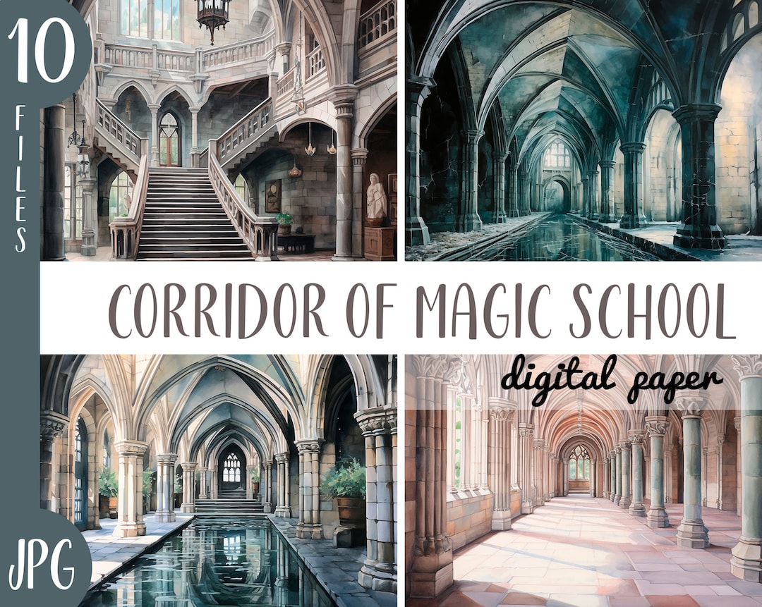 Watercolor Corridors of the Magic School Clipart-wizards School Digital ...