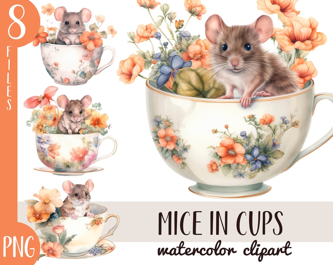 Watercolor Mice in Cups Clipart- Cute Rat and Mug Digital Illustration-floral Arrangement ...