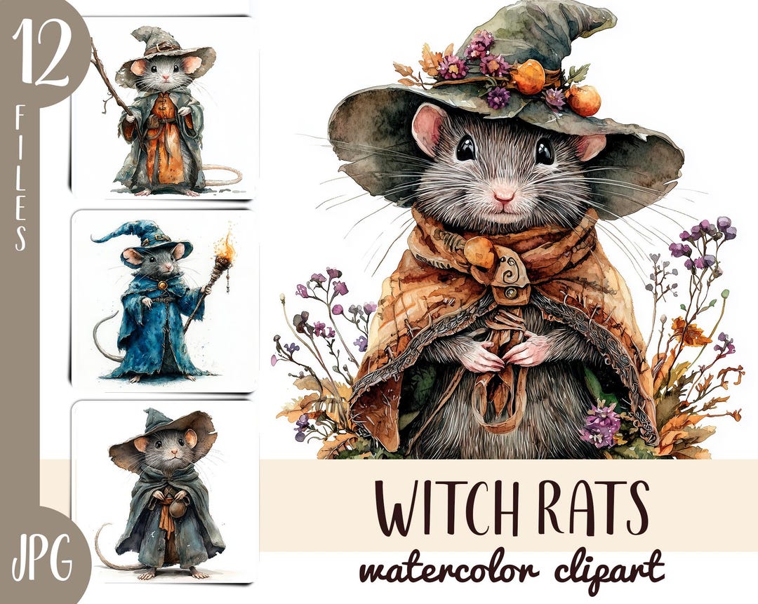 Watercolor Witch Rats Clipart Carton Mice Digital Illustration Wizard ...