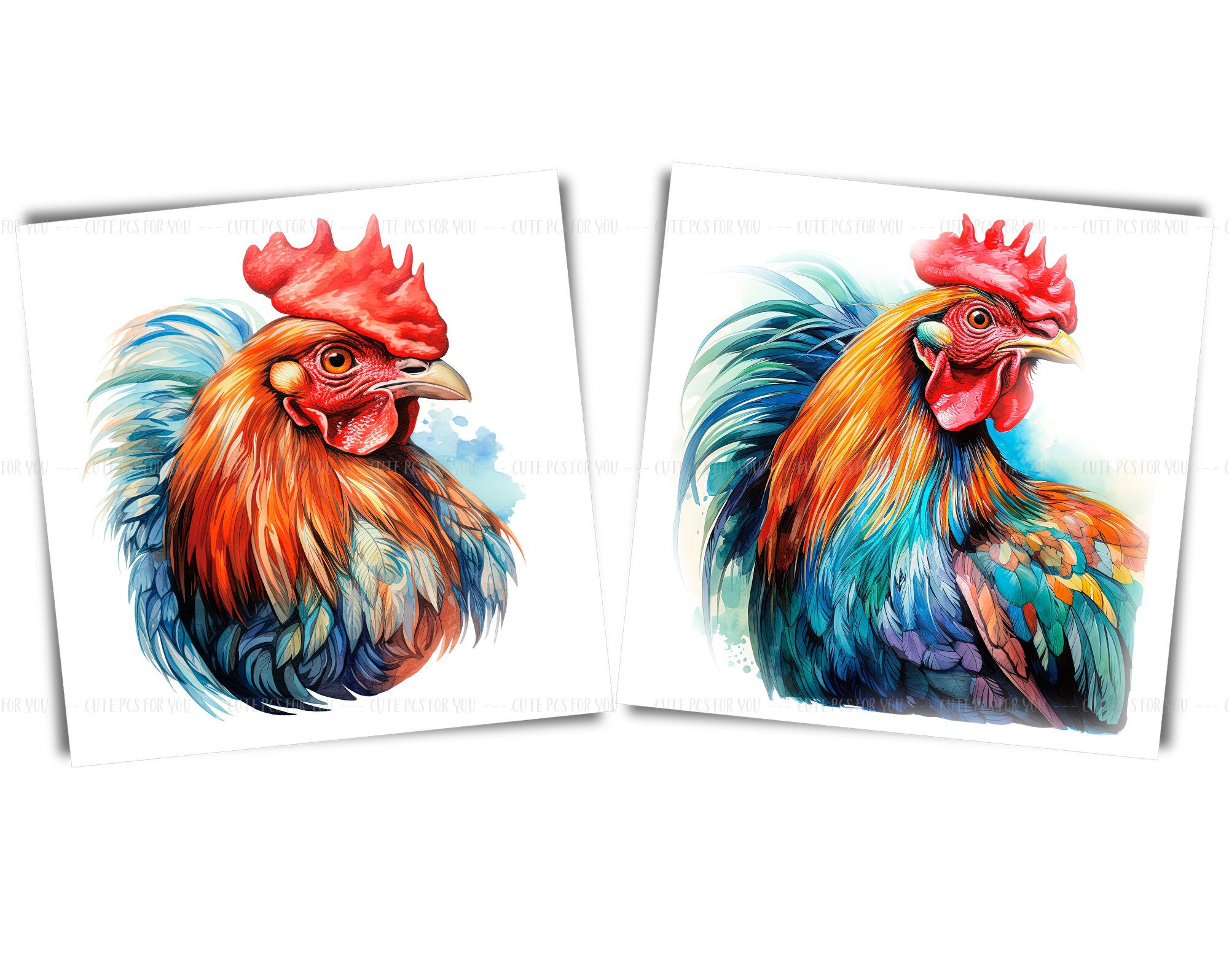 Watercolor Roosters Clipart portrait of a Rooster Digital - Etsy