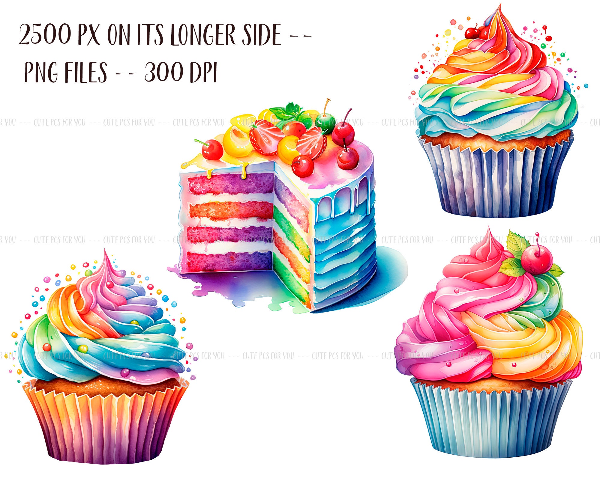Watercolor Rainbow Sweets Clipart Bright Cakes and Cupcakes - Etsy