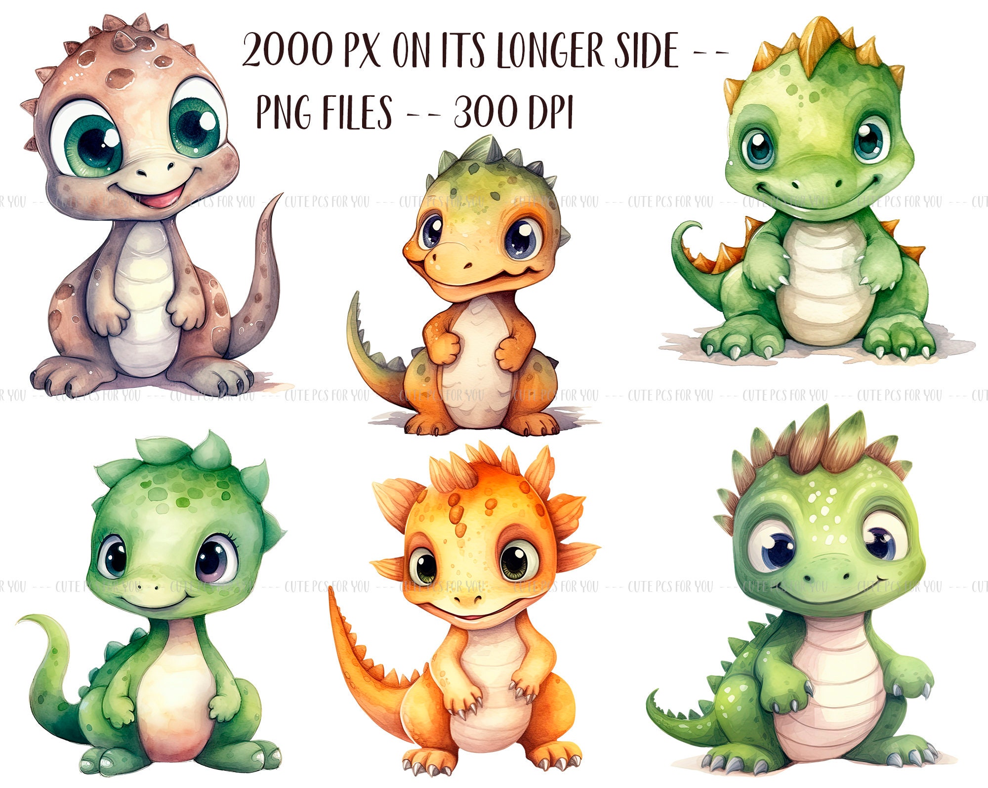 Watercolor Cute Dinosaurs Clipart Funny Cartoon Characters - Etsy