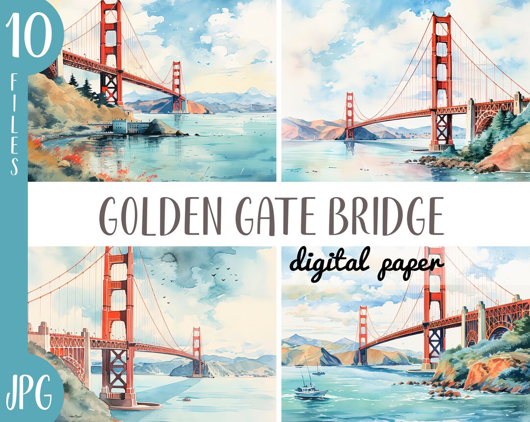 Watercolor Golden Gate Bridge Clipart: San Francisco Seascape (digital ...