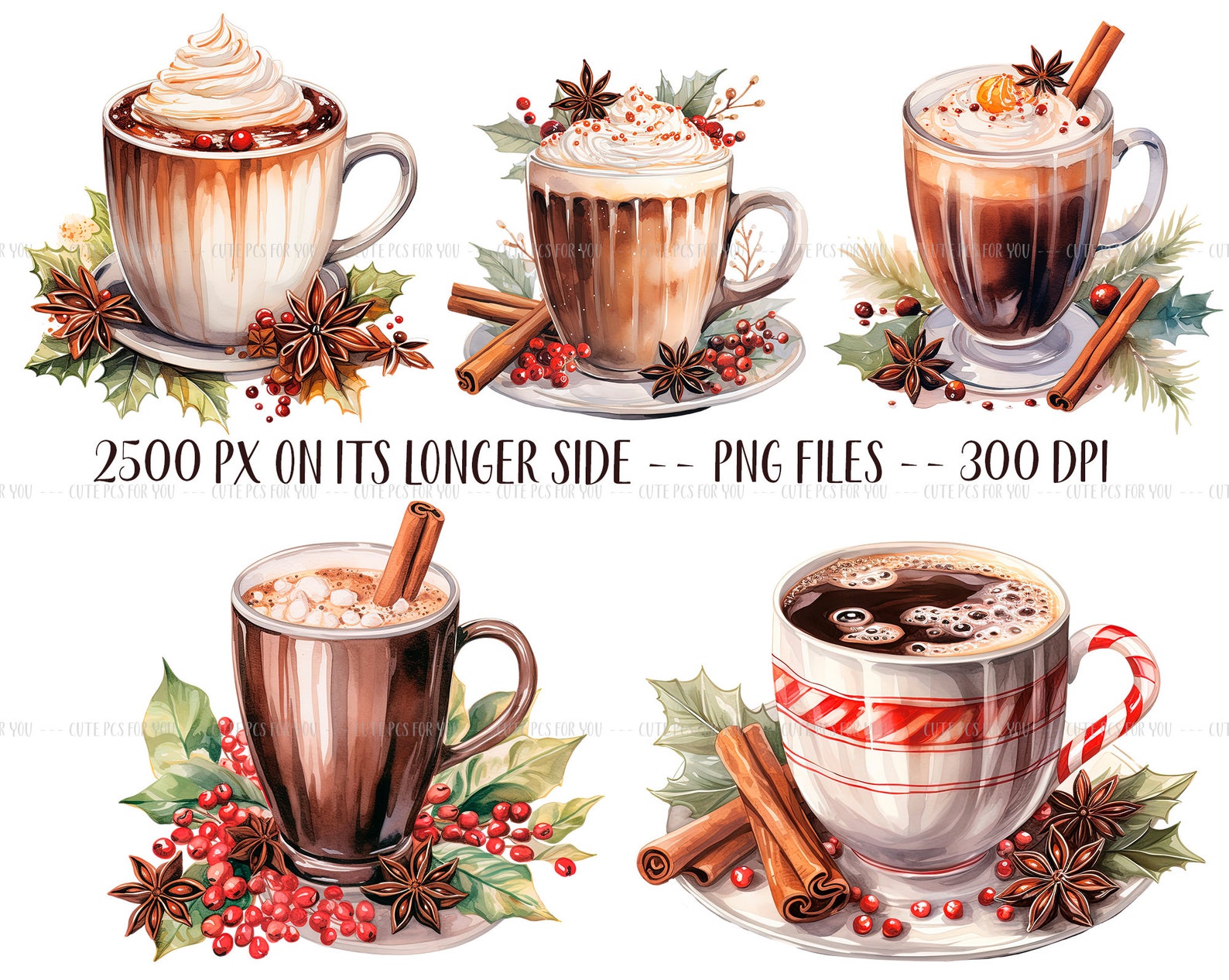 Watercolor Christmas Hot Drinks Clipart: Coffee, Tea (PNG) - Etsy