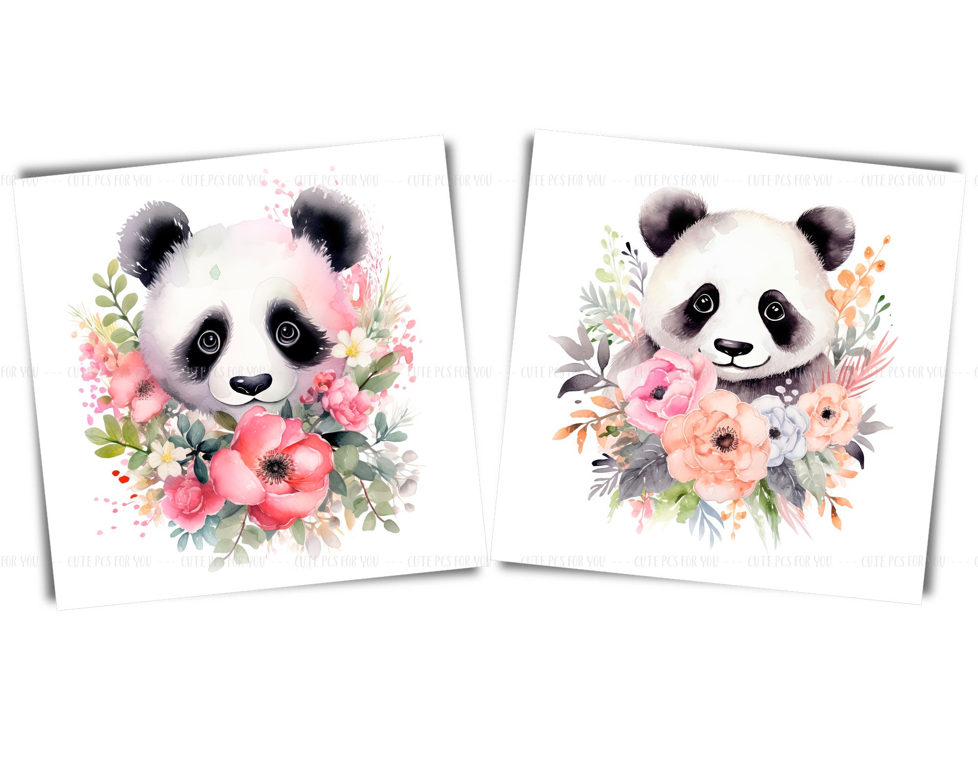 Watercolor Cute Pandas Clipart Panda With Flowers Digital - Etsy