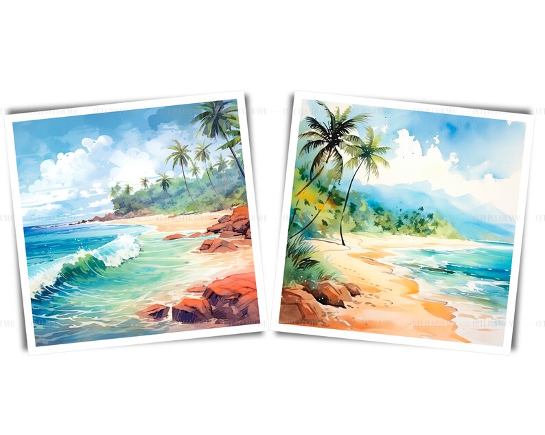 Watercolor Tropical Beach Clipart Ocean Coast Vacation by - Etsy