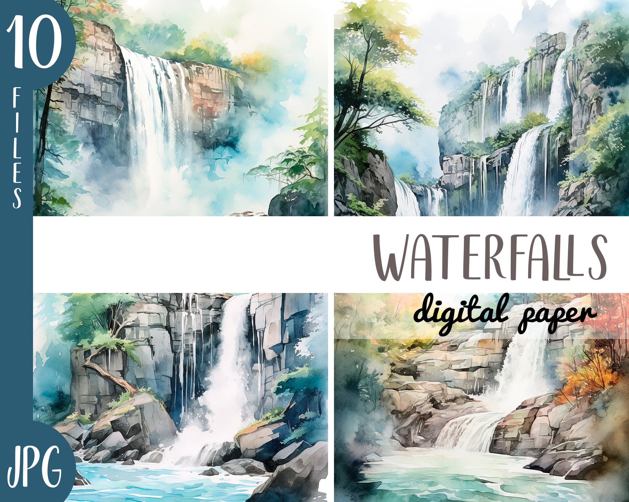 Watercolor Waterfalls Clipart: Tropical Landscape Illustrations (JPG ...