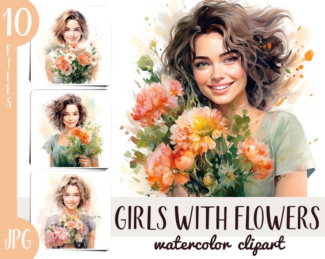 Watercolor Girls With Flowers Clipart Cute Woman With a Bouquet Digital ...