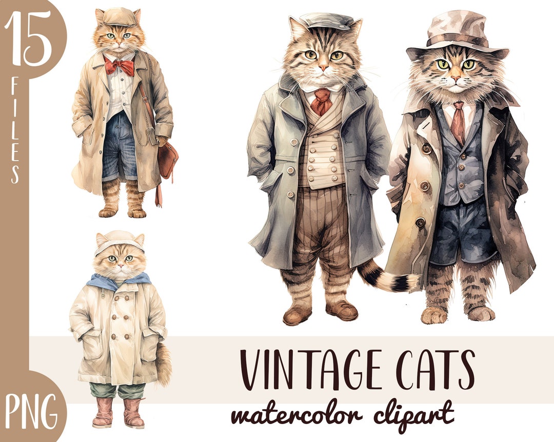 Watercolor Vintage Cats Clipart - Humanized Cat in Clothes, With Hats ...