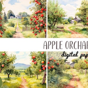 Watercolor Orchard Clipart Garden With Apples Digital Paper Summer ...