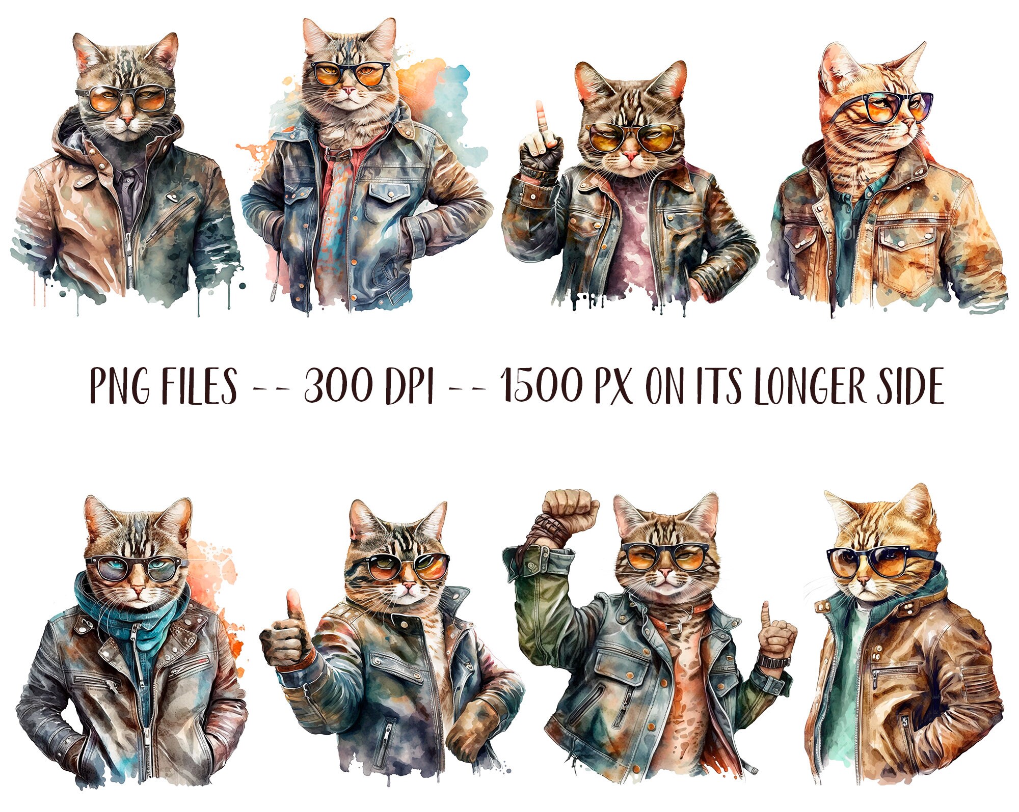 Watercolor Cool Cats Clipart-humanized Cat in a Leather Jacket, With ...