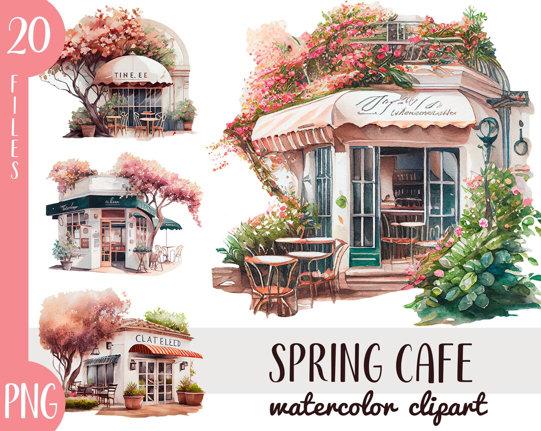 Watercolor Spring Cafe Clipart - Shop Digital Watercolor - Romantic ...