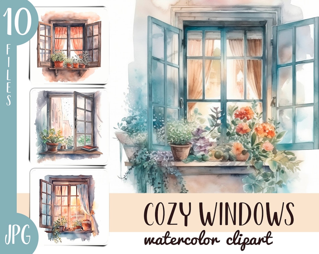 Watercolor Cozy Windows Clipart - Cozy Atmosphere-sunny Day Outside ...