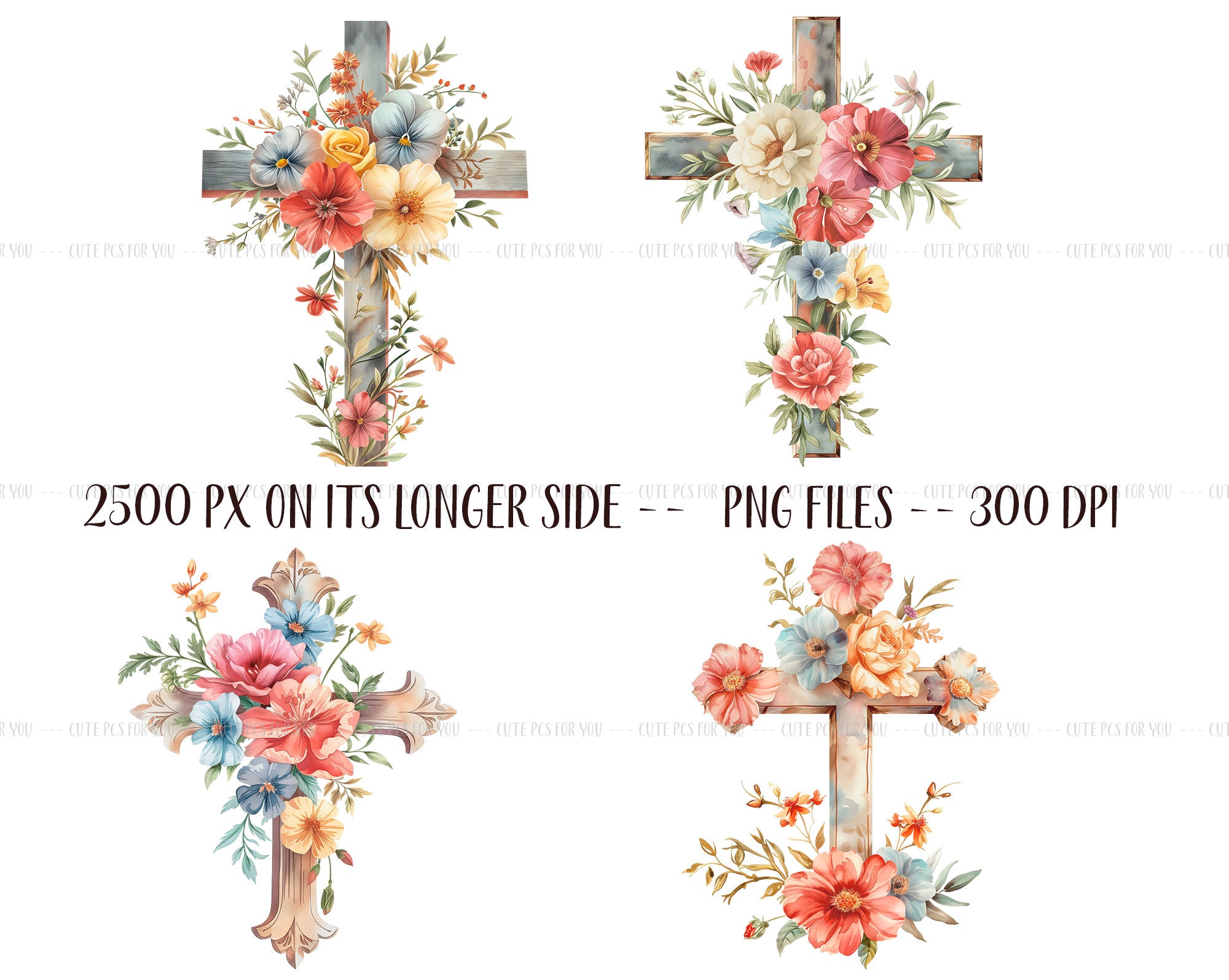 Watercolor Floral Crosses Clipart: Easter Baptism PNG (digital Download ...