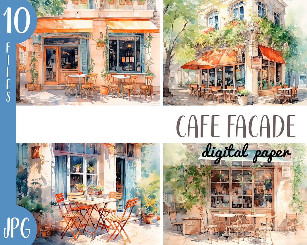 Watercolor Facades of Cafe Clipart - Summer Cafe Digital Paper - French ...