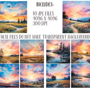 Watercolor Landscapes With Dawn Clipart Sunrise Digital Paper Nature ...