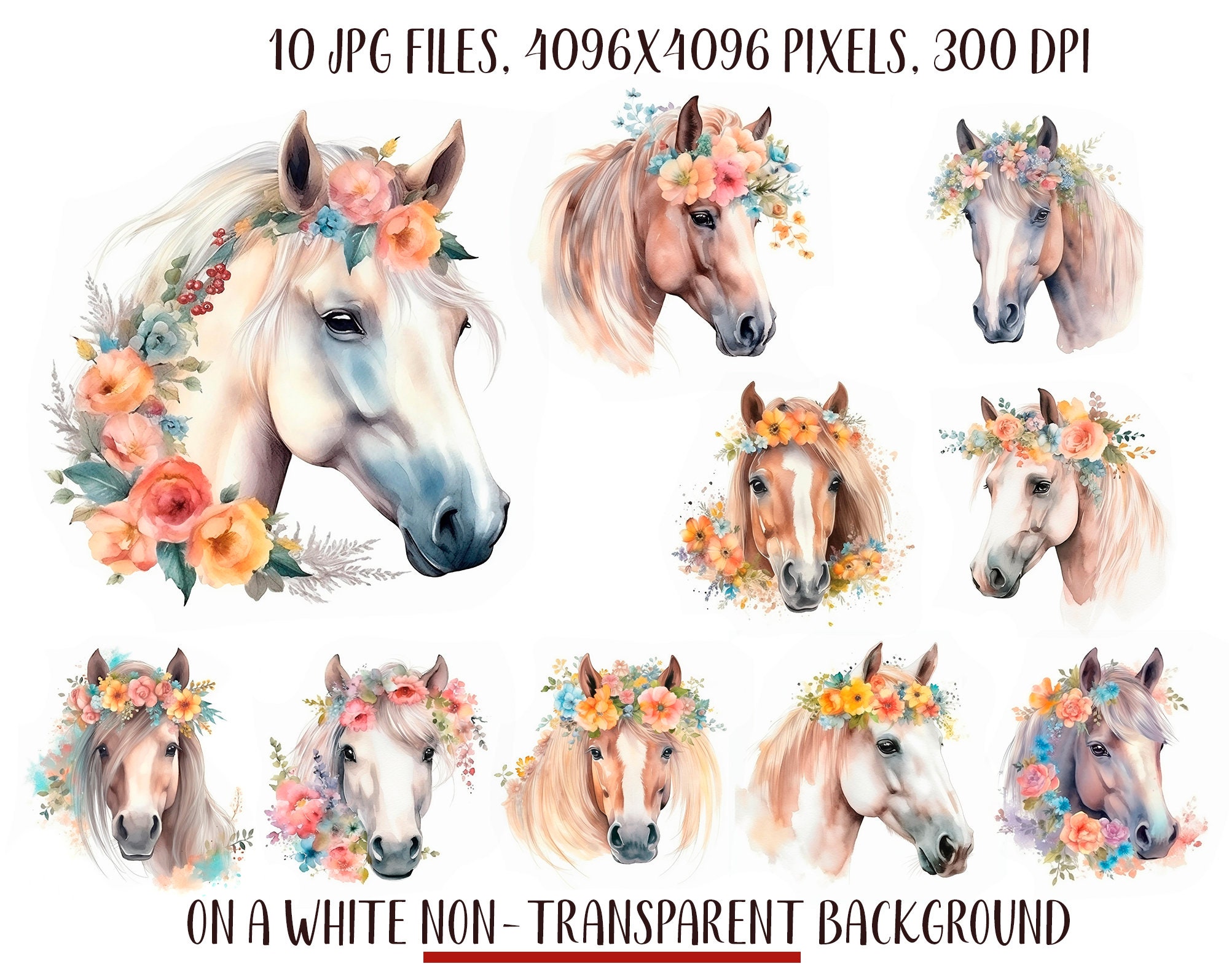 Watercolor Floral Horses Clipart Pony With Flowers Graphics - Etsy