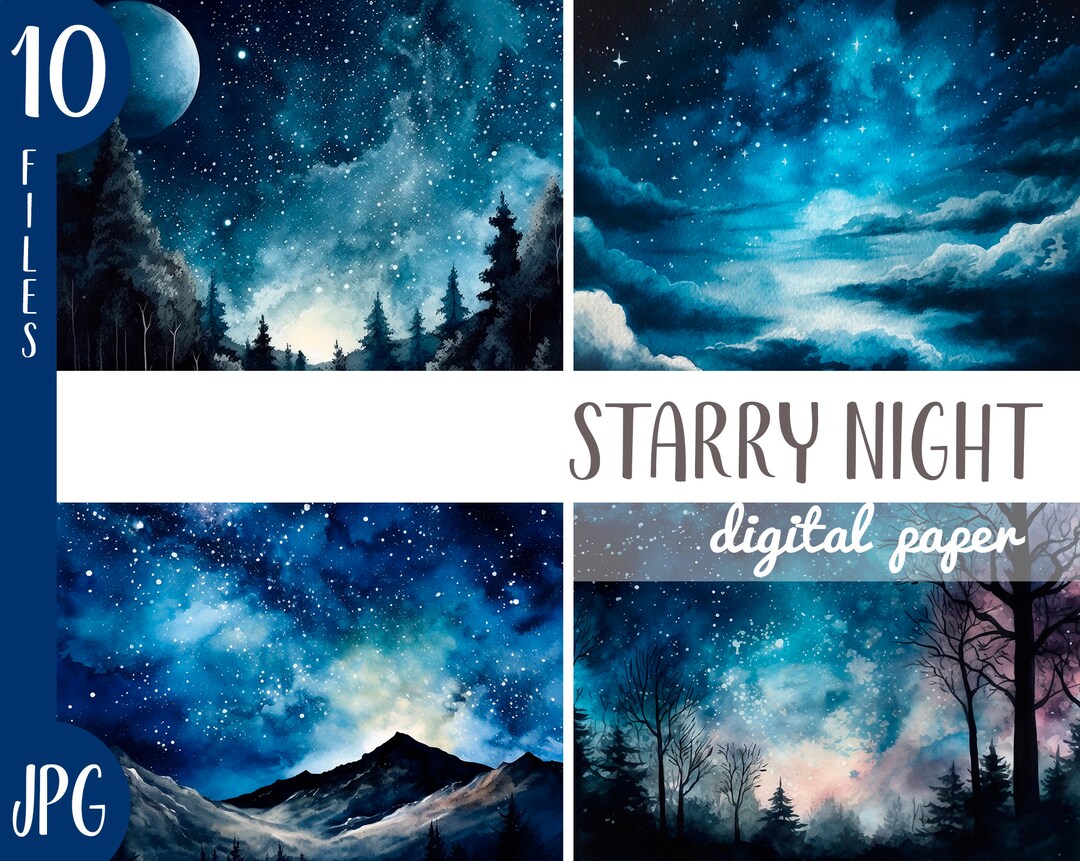 Watercolor Starry Sky Clipart - Night Stars Digital Paper - Dark Blue ...