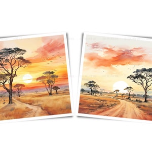 Watercolor African Landscape Clipart: Savanna Sunset Illustrations (JPG ...