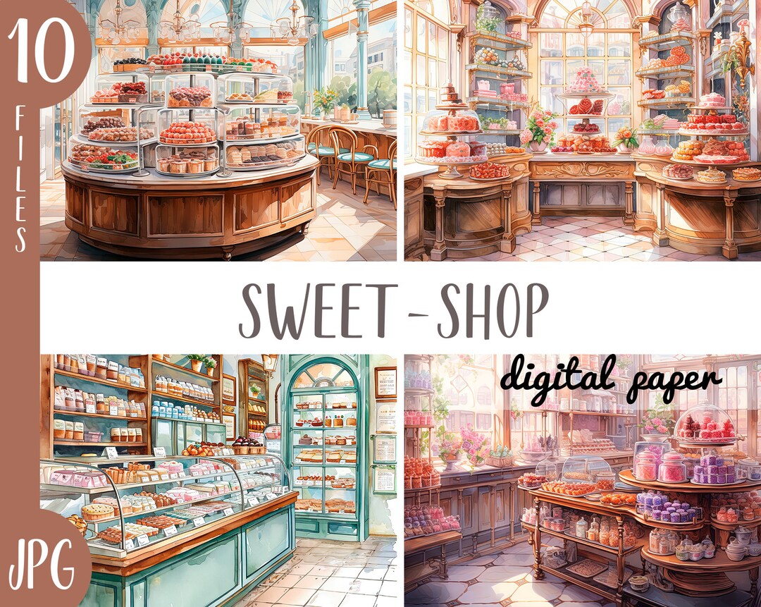 Watercolor Sweet Shop Clipart - Candy Store Digital Paper - Shop With ...