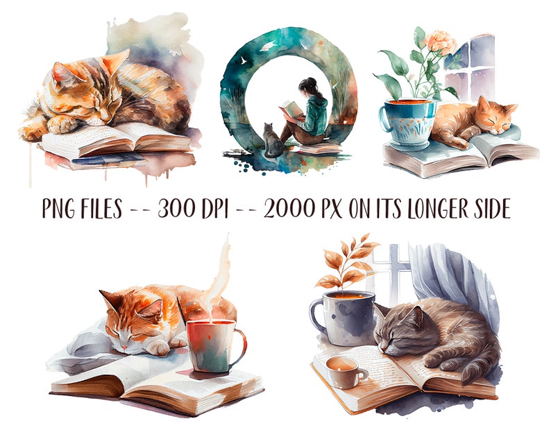 Watercolor Reading With Cat Clipart Cute Sleeping Cats - Etsy