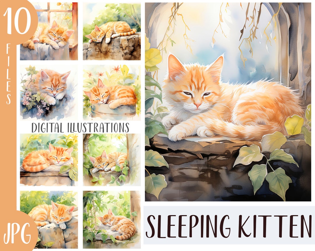 Watercolor Sleeping Cats Clipart - Cute Resting Red Kittens JPG ...