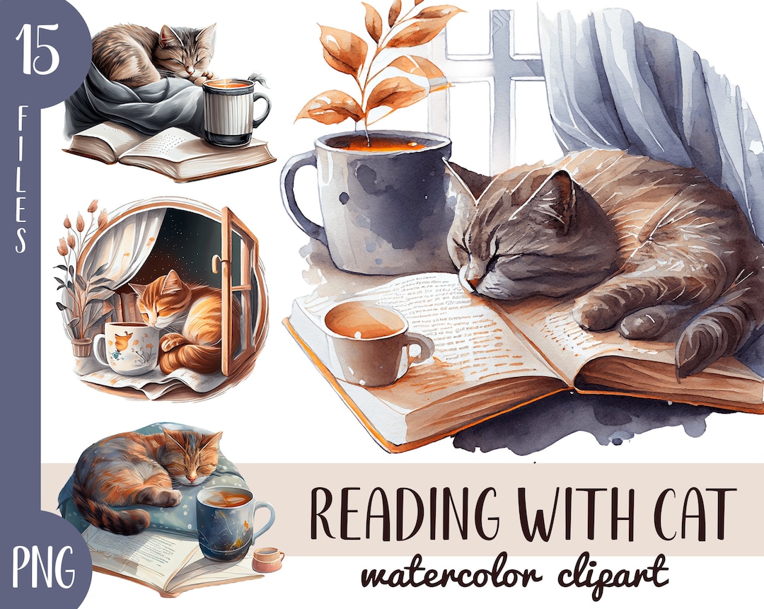 Watercolor Reading With Cat Clipart - Cute Sleeping Cats - Books and a ...
