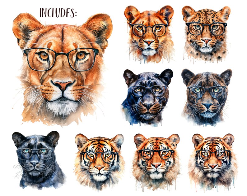 Watercolor Wild Cats in Glasses Clipart Realistic Big Cats - Etsy