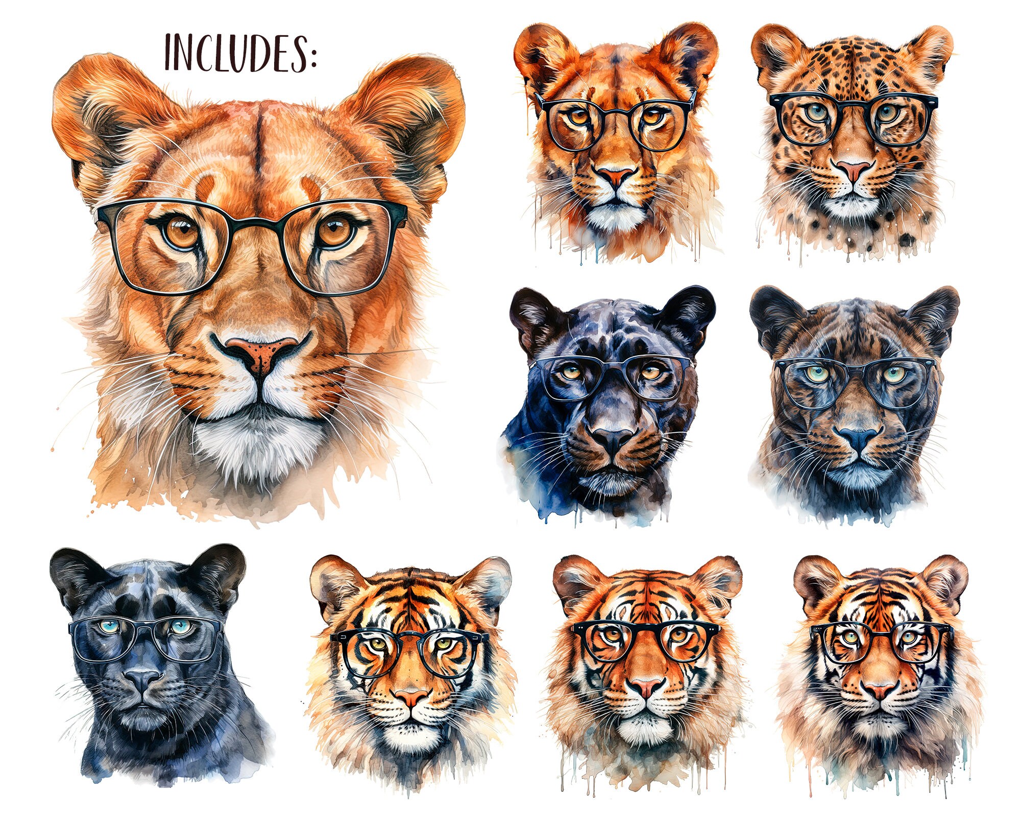 Watercolor Wild Cats in Glasses Clipart Realistic Big Cats - Etsy