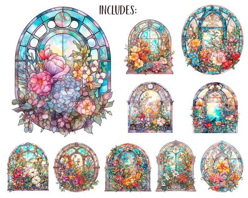 Watercolor Stained Glass Windows Clipart Beautiful Colored - Etsy