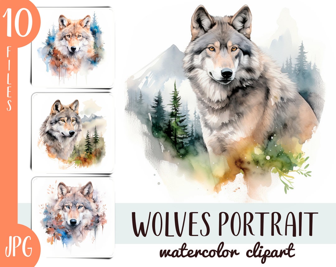 Watercolor Wolves With Nature Clipart - Forest Animals Digital Paper ...