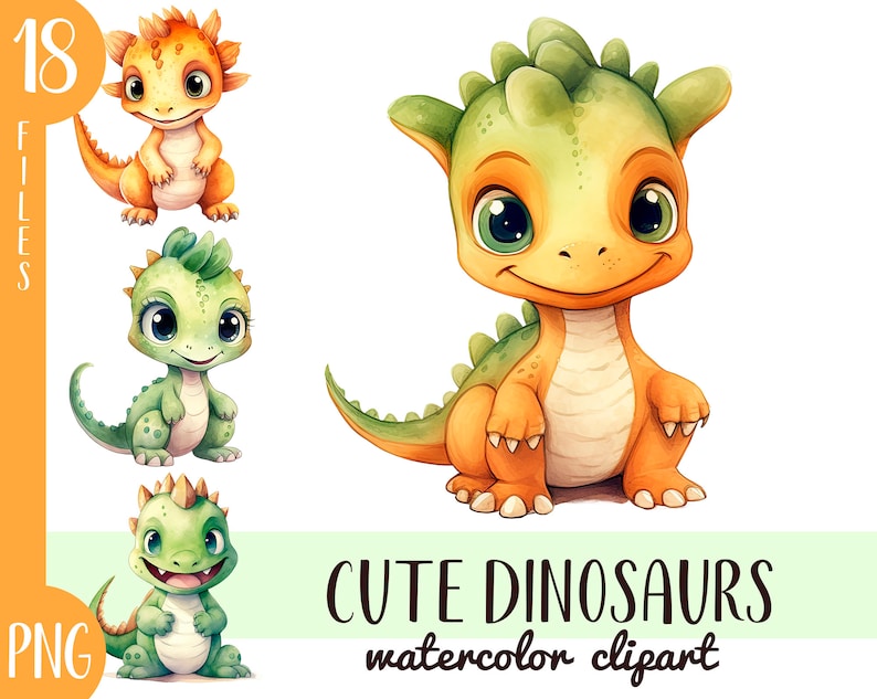 Watercolor Cute Dinosaurs Clipart Funny Cartoon Characters - Etsy
