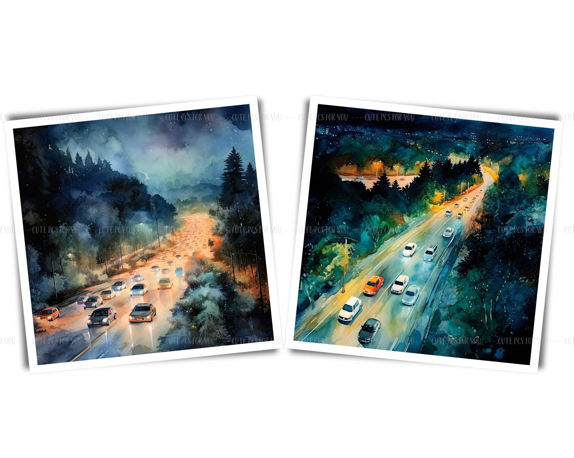 Watercolor Night Road Clipart Freeway Digital Paper Road - Etsy