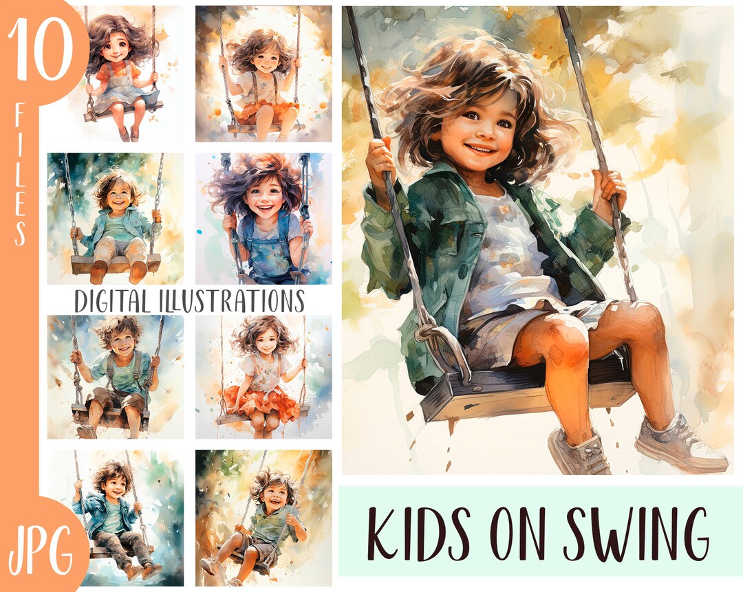 Watercolor Kids on a Swing Clipart - Cute Kids Digital Paper - Happy ...
