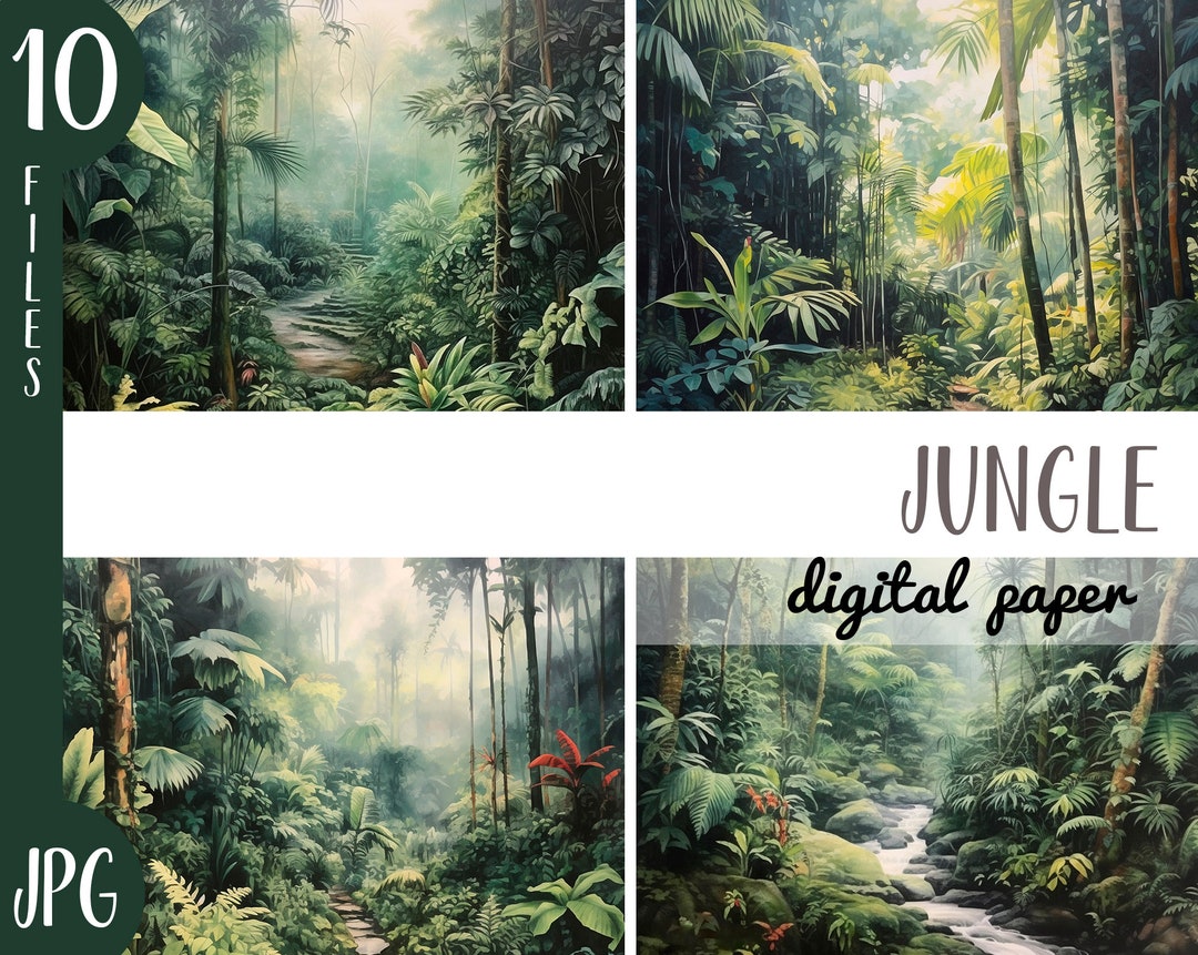 Watercolor Jungle Clipart: Tropical Landscape Digital Paper (10 JPG ...
