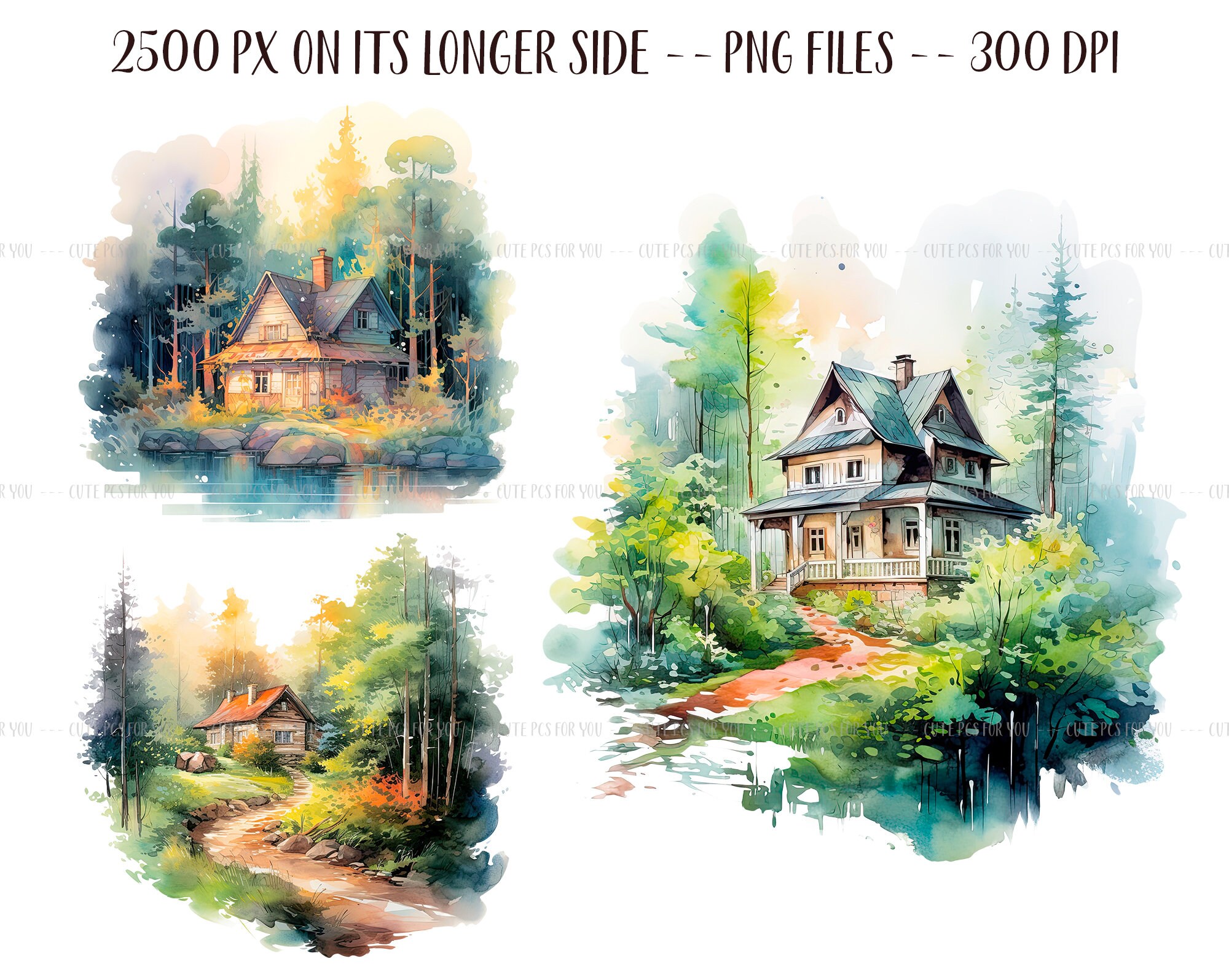 Watercolor House in the Forest Clipart Forest Hut Digital - Etsy